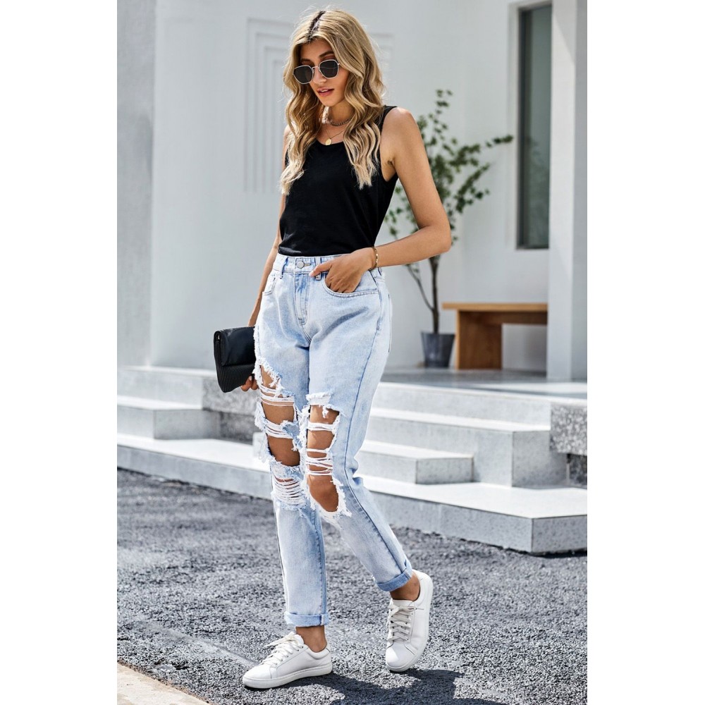 Vintage Washed Distressed Holes High Waist Jeans - from category Jeans ...